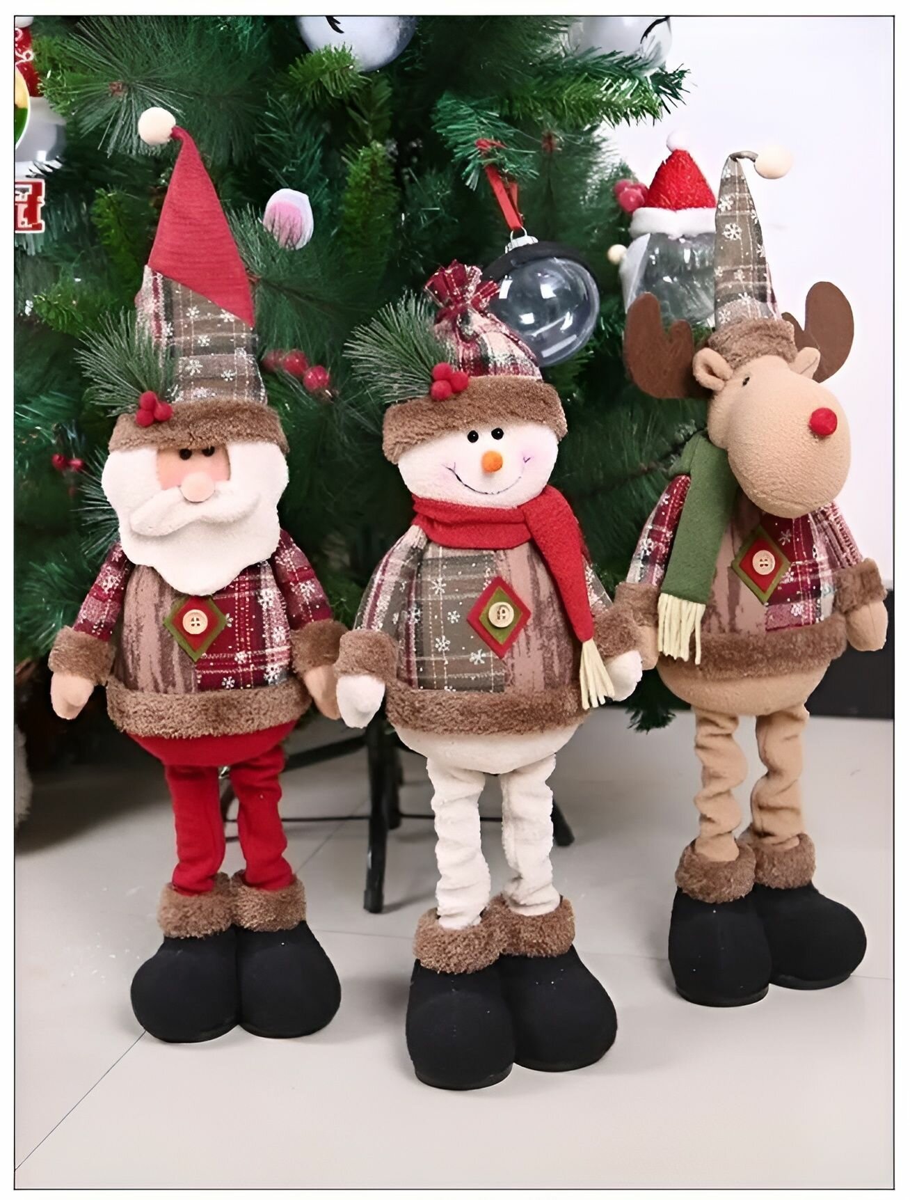 Комплект 3 шт Новогодняя игрушка телескопическая Олень, Дед Мороз, Снеговик. Набор Новогодних игрушек под ёлку и в дом