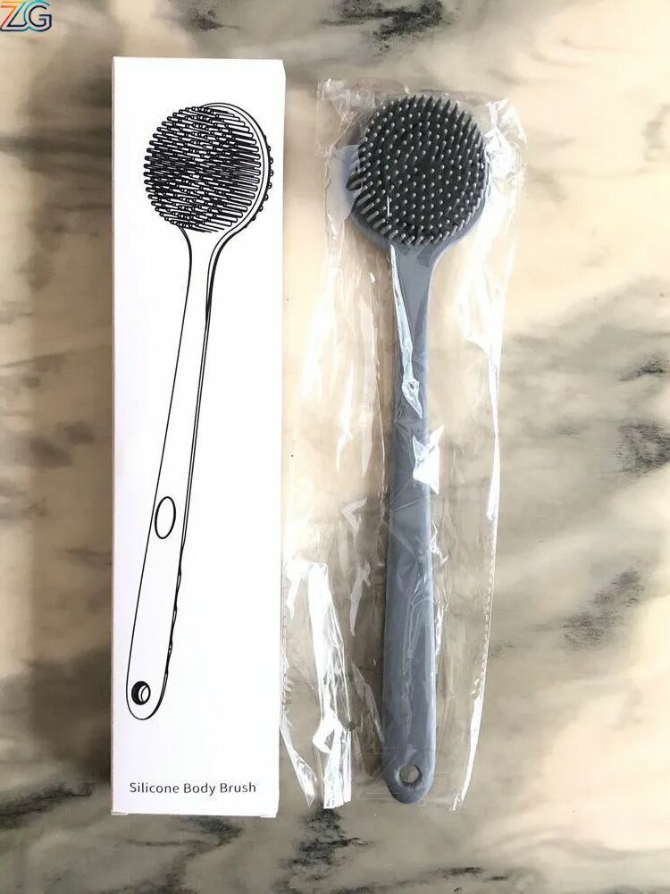 Силиконовая массажная мочалка-щётка с ручкой, серая бережный