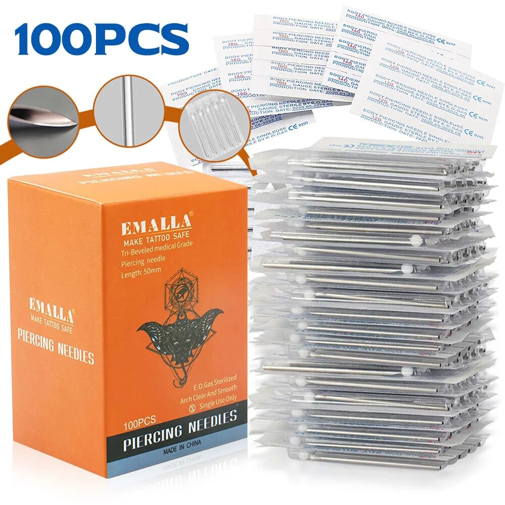 100 Шт. Стерильные Иглы Для Татуировки 12G-20G Из Нержавеющей Стали 316 Для Пирсинга Ушей, Носа, Пупка, Губы