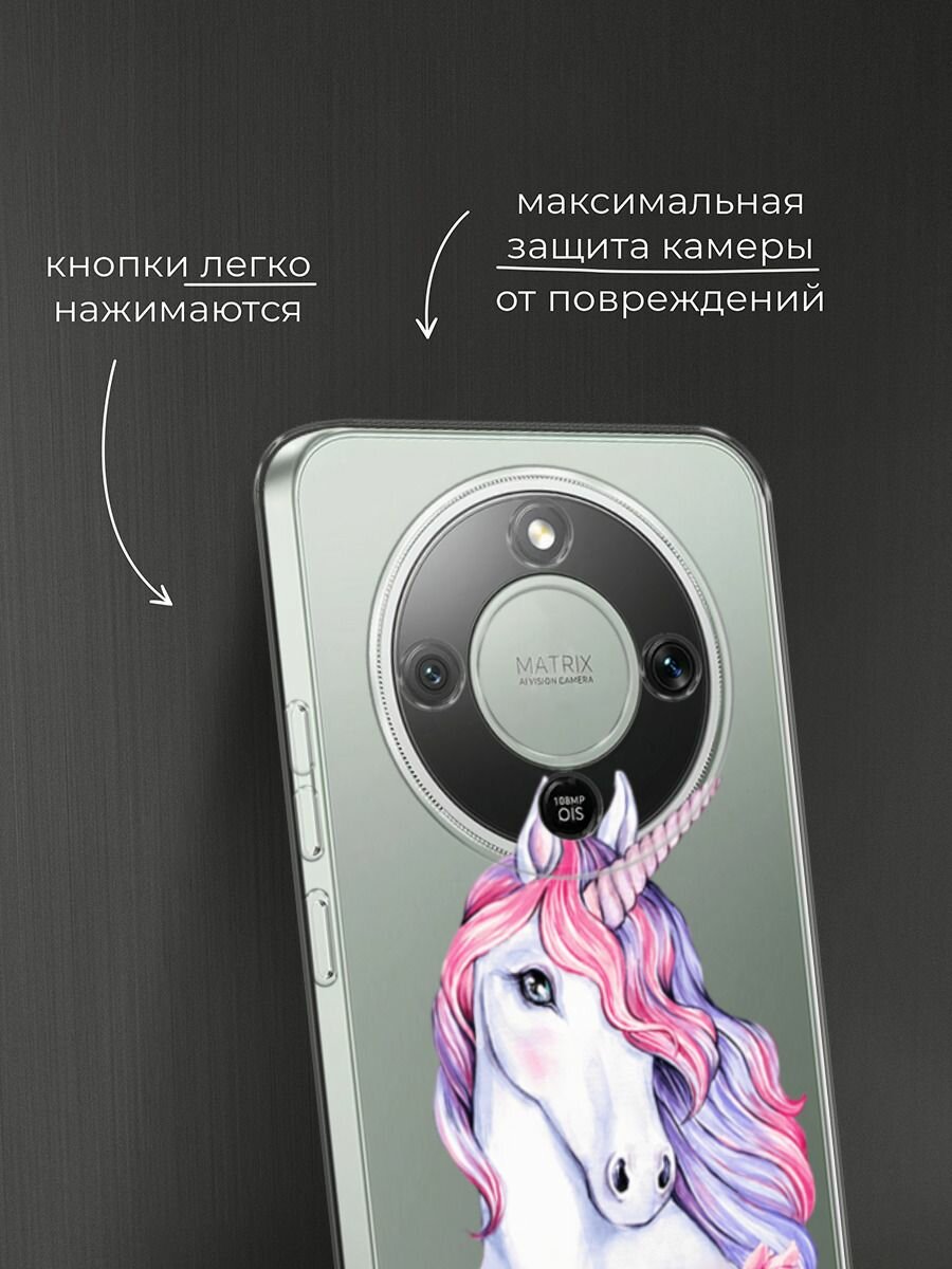 Чехол на Honor X9d / Хонор X9d с принтом Единорог с пионами, прозрачный — фото 1