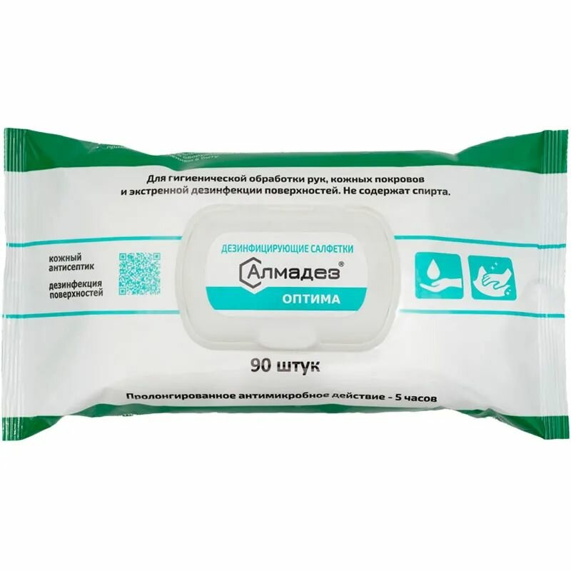 Салфетки Алмадез-Оптима, влажные, 90 салфеток (16x13.5 см), флоупак, бесспиртовые