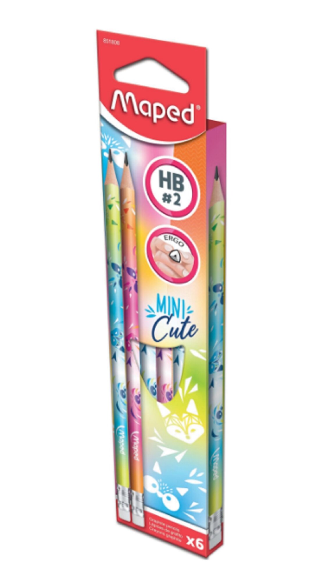 Набор чернографитных карандашей MAPED MINI CUTE, с ластиками, HB, 3-гранные, 6шт