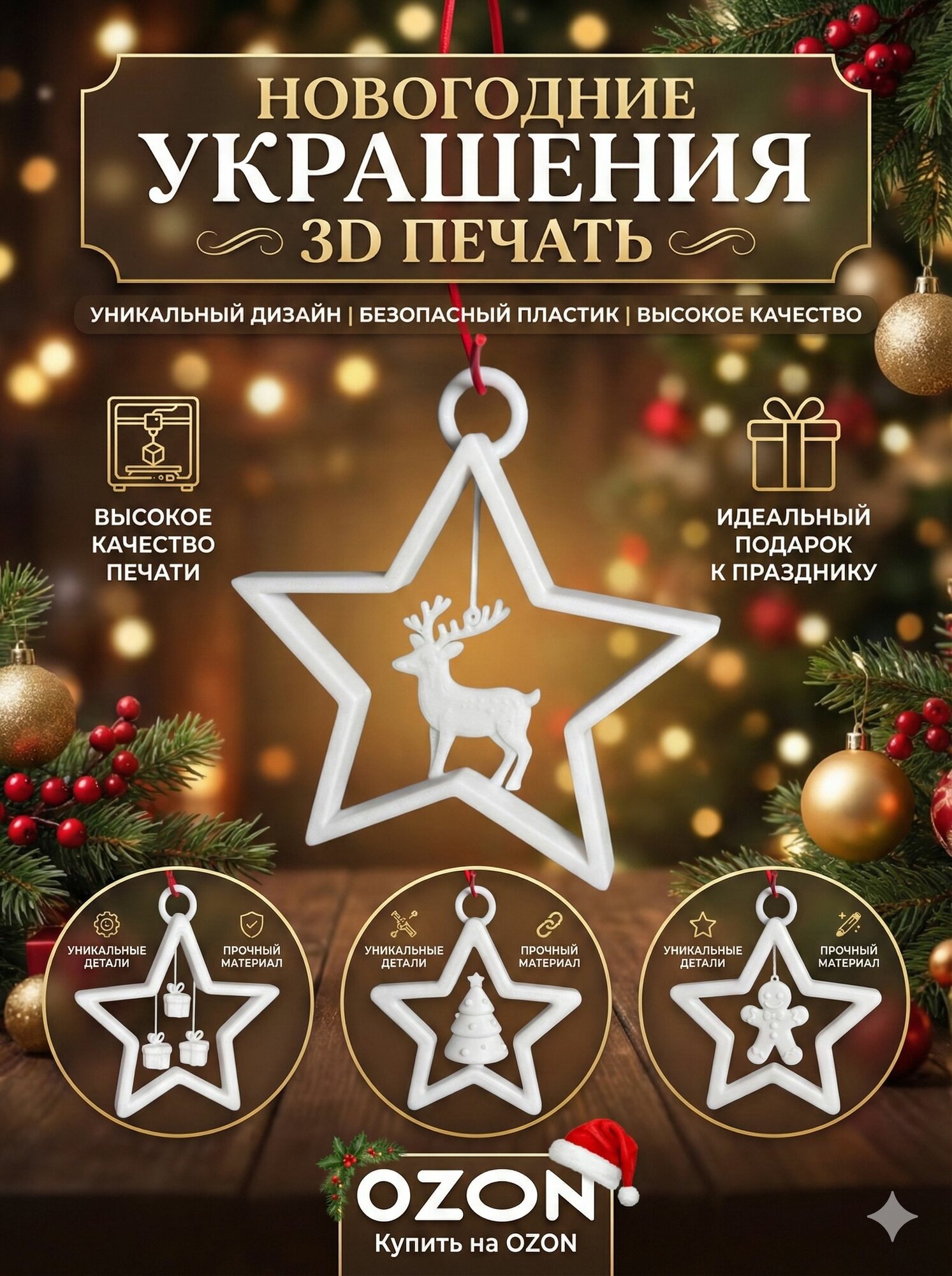 Набор елочных игрушек 3D Звезды (8 шт) / Небьющиеся новогодние украшения на елку / Безопасные подвески для детей и животных / Декор для дома белый