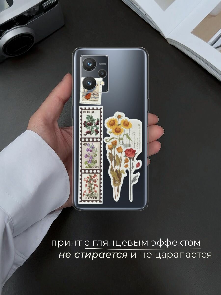 Чехол на Realme 9 4G/9 Pro Plus / Реалми 9 4G/9 Pro Plus с принтом Марки с цветами — фото 1