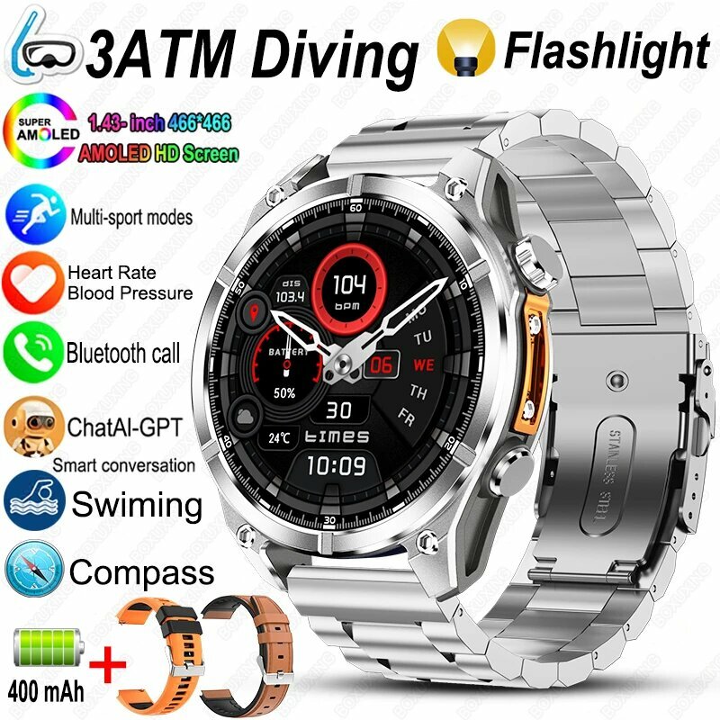 30 Meters Waterproof Smartwatch Silver steel belt