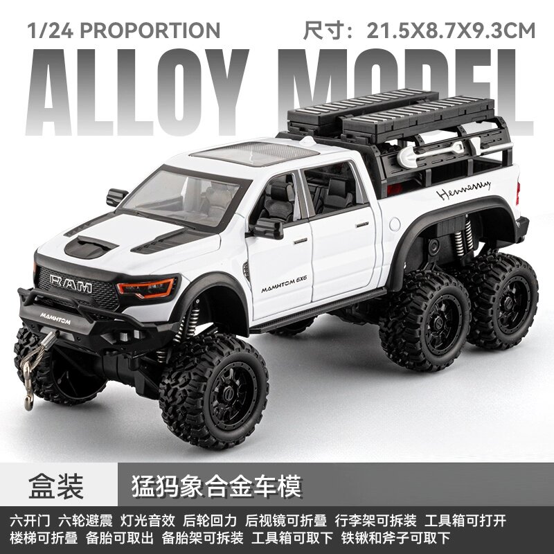 1:24 Масштабная модель Dodge Mammoth из алюминия с запасным колесом, белый цвет - коллекционная внедорожная игрушка