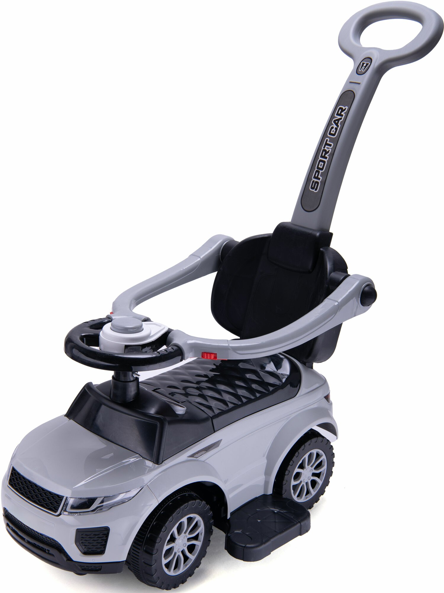 Машина каталка детская Толокар с ручкой для родителей, серая