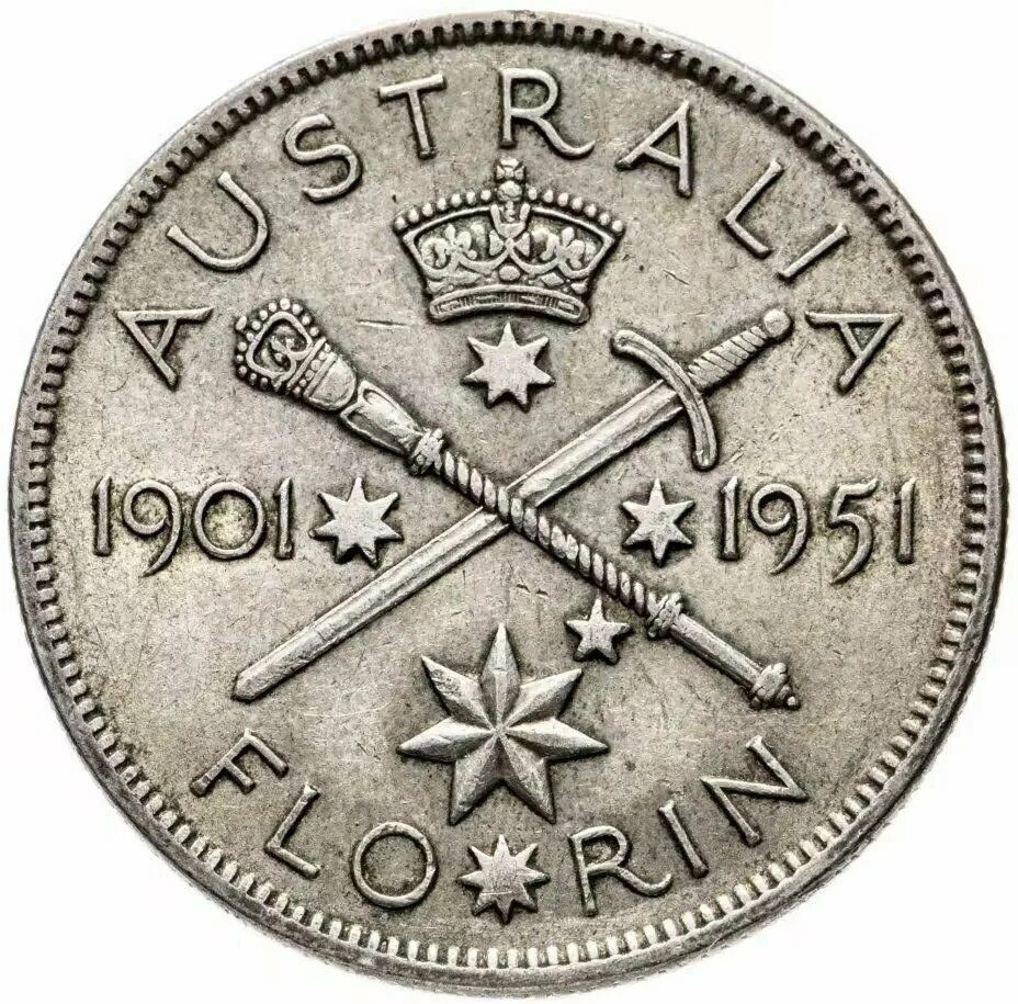Австралия 2 шиллинга (флорин) 1951 года "50-летие Австралийского Союза", серебро 500 пробы 11,31 г, сохранность XF