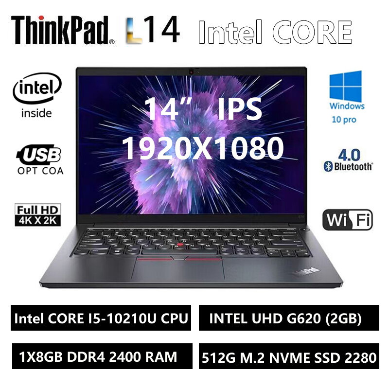 ноутбук 14" LENOVO Thinkpad L14 Gen 1 (CORE I5-10210U CPU+1X8GB DDR4 RAM+512G M.2 NVME SSD+Intel UHD Graphics for 10th Gen Видеокарта +1920X1080 IPS ) Win 10 pro