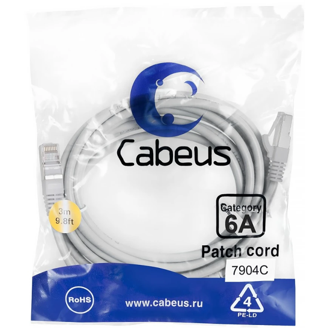 PC-SSTP-RJ45-Cat.6a-3m-LSZH Кабель патч-корд SSTP 6a кат. 3м Cabeus 10G, экранированный, LSZH, серый