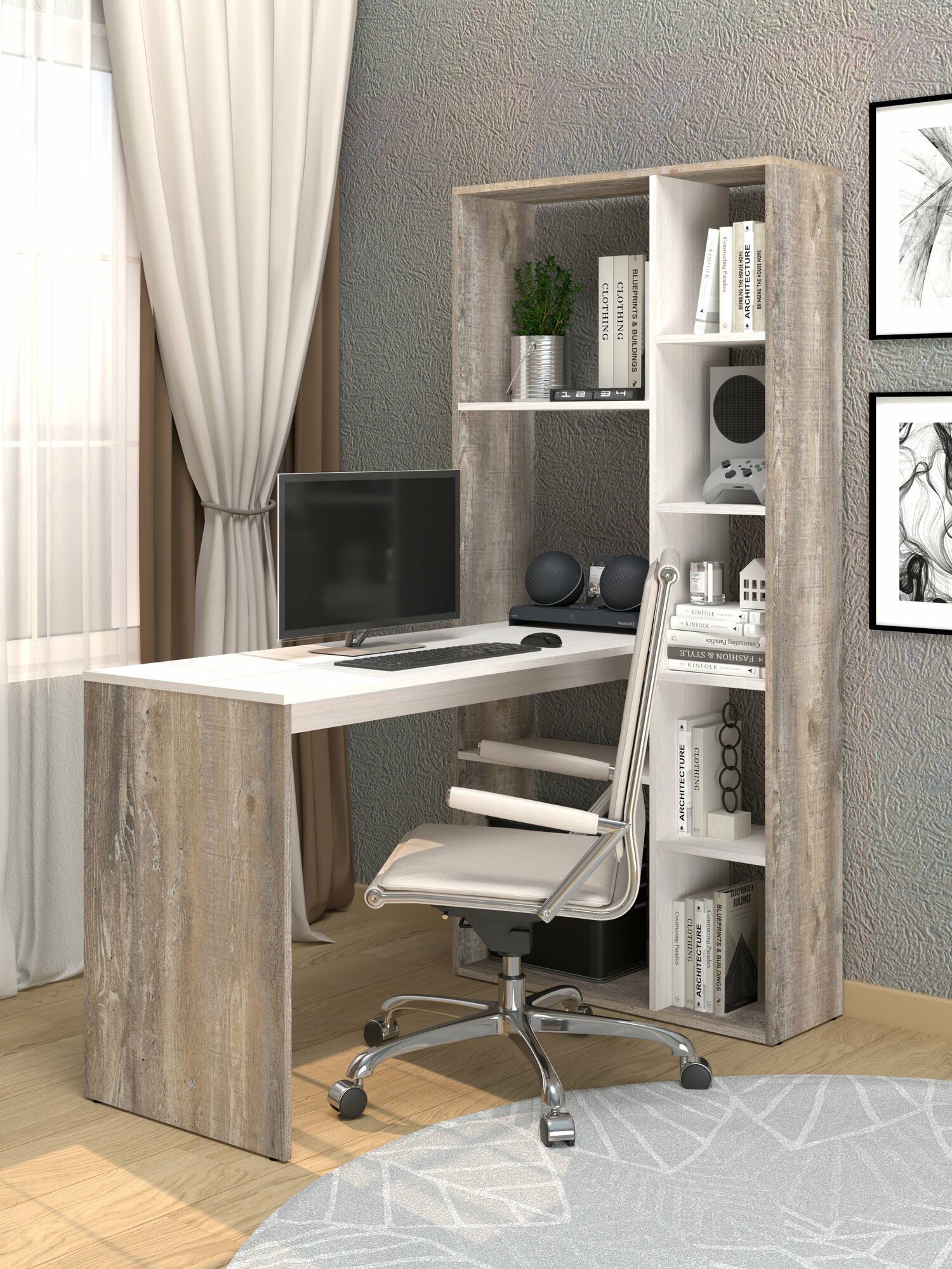 Есэндвич Лаворо 13 Компьютерный стол со стеллажом 130х170х80 см (Анкор белый/Бетон пайн экзотик)