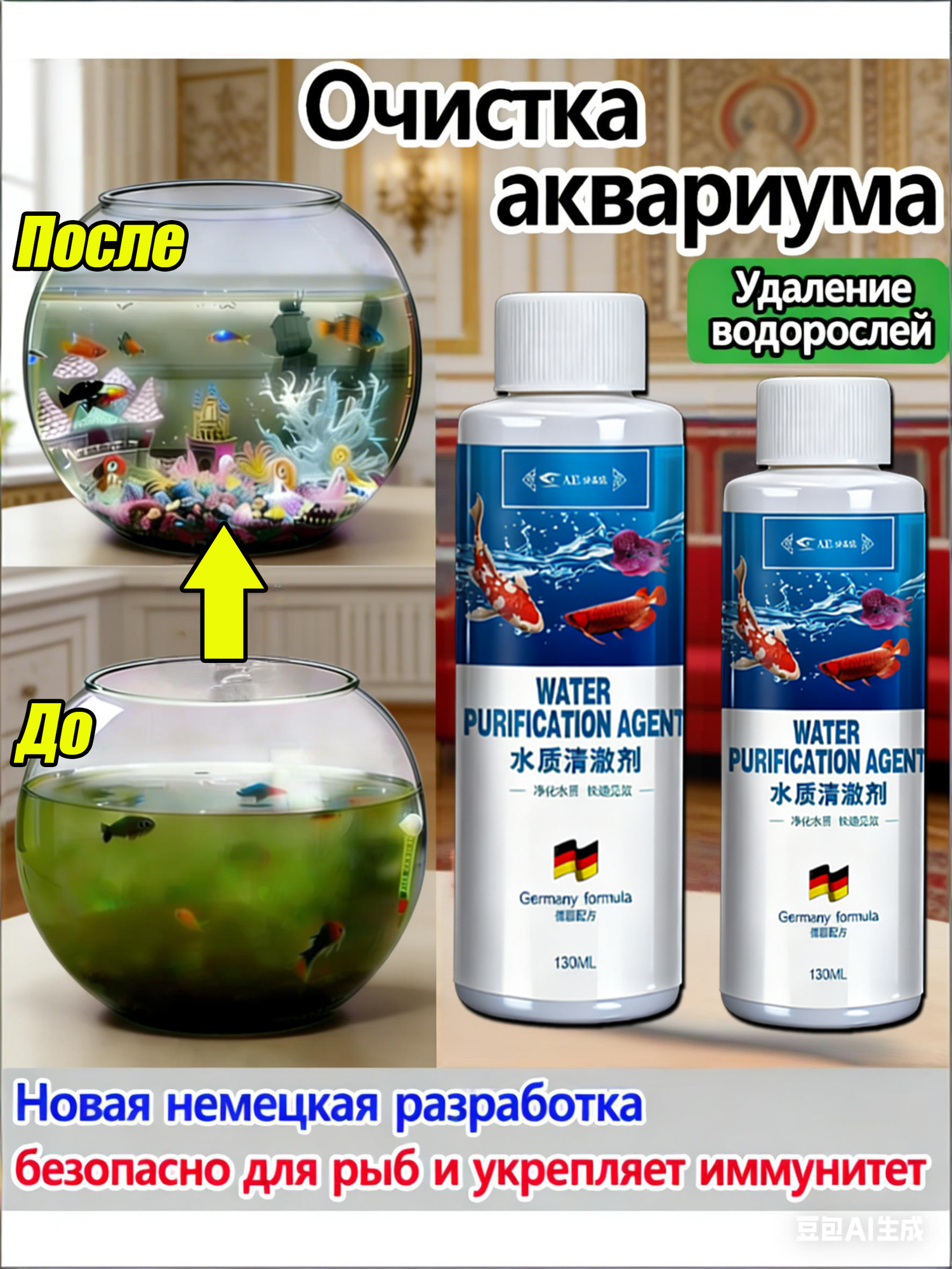 Средство для воды в аквариуме，1300 мл，против помутнения，Устраняет запах и удаляет аромат рыбы
