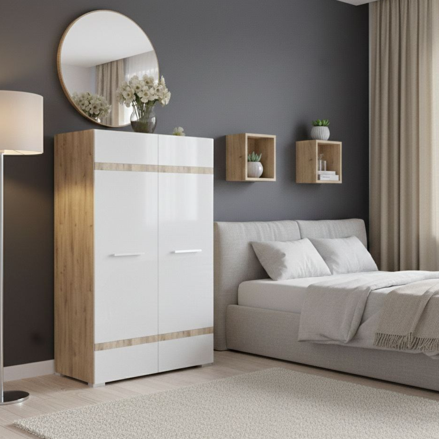 Шкаф распашной для одежды Версаль с полками на всю ширину и штангой (80х47хH140см), Дуб сонома/Белый глянец