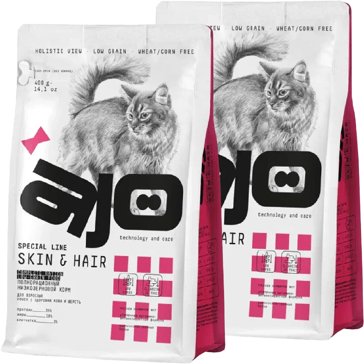 Корм сухой Ajo Cat Special Line Skin & Hair низкозерновой для кошек для здоровья кожи и шерсти, лосось индейка, 0,4 кг х 2 шт