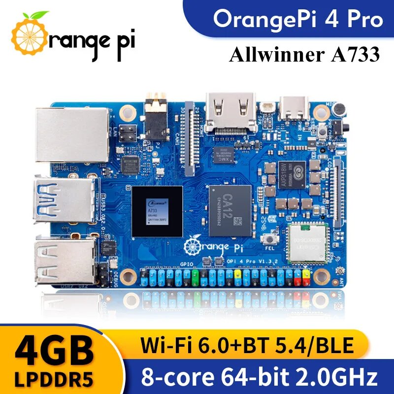 Плата разработки Orange Pi 4 Pro, 4 ГБ LPDDR5, чип Allwinner A733, 3 топов, NPU Wi-Fi6.0 + BT5.4, одноплатный компьютер со слотом M.2 M-Key