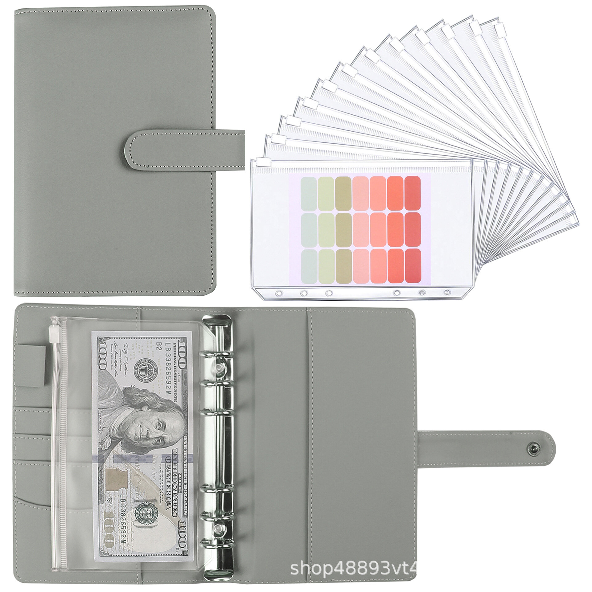 Поставка за рубежом связок A6 12 штук зиппер-сумок тетрадей кожаных ПУ разборных листов бюджетных денежных ручных счетов блокнотов A6 кнопок-пластмасс - серый (зиппер-сумка 12+21 ярлык 1)