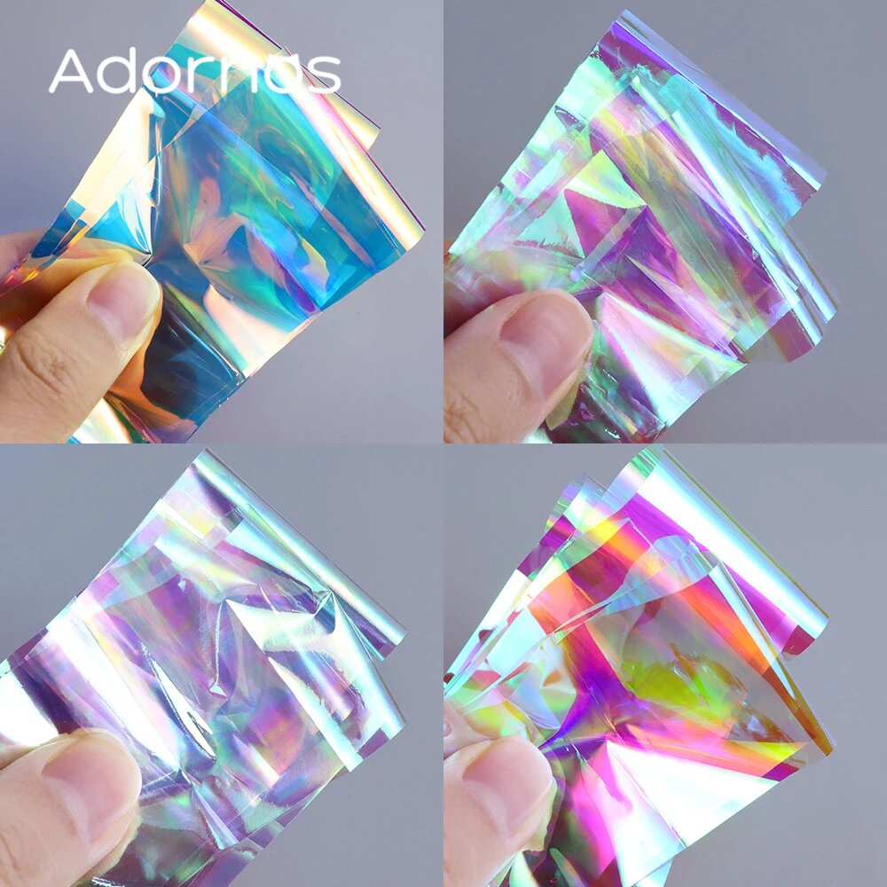 4 шт, голографическая блестящая целлофановая фольга для ногтей, наклейка Аврора, градиент, омбре, бумага для ногтей, сверкающая русалка, наклейки для французского маникюра
