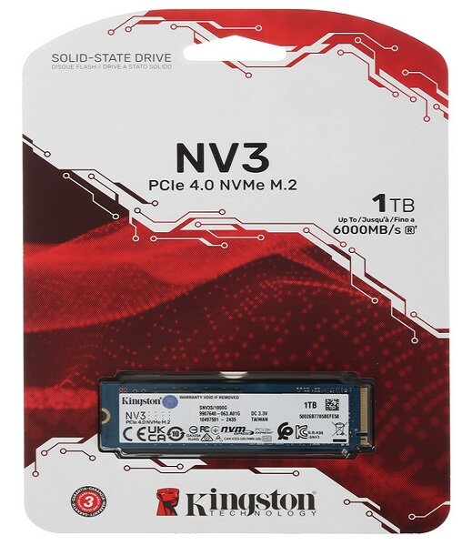 Накопитель SSD Kingston 1Tb NV3 M.2 2280 PCI-E Gen4.0 x4, NVMe, R/W 5000/300MB/s, 320TBW, RTL (SNV3S/1000G)
