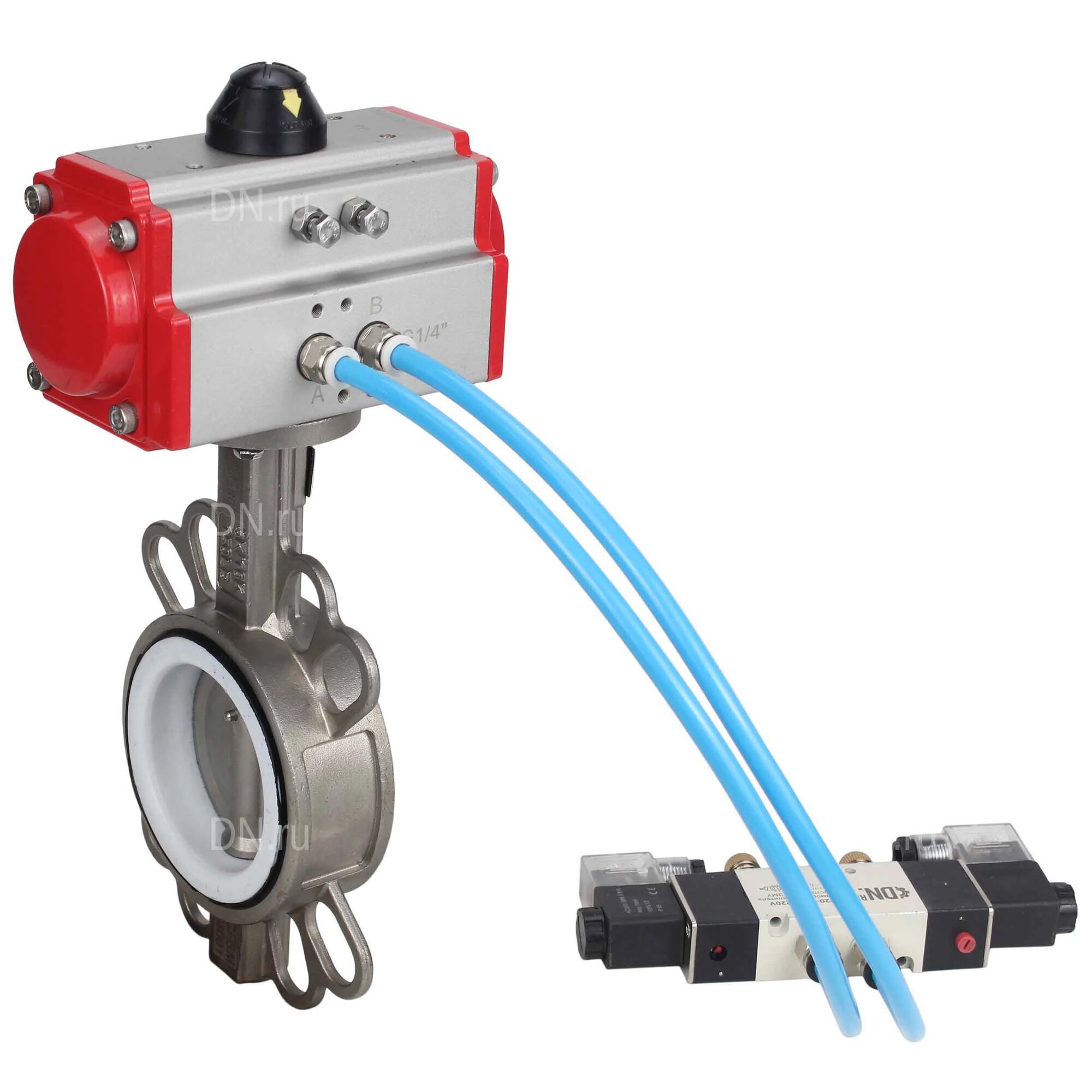 Затвор дисковый поворотный DN. ru 304-304-PTFE-2W-Fb-H Ду80 Ру16, корпус - нержавеющая сталь 304, диск - нержавеющая сталь 304, уплотнение - PTFE, с пневмоприводом DA-083 и пневмораспределителем PND1-S2EM-52-2-T10-220VAC