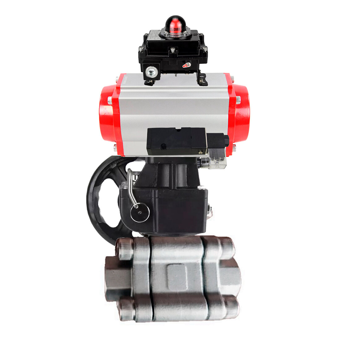 Кран шаровой DN.ru 316-316-PTFE-FP-SW-ISO-H Ду100 Ру63 полнопроходной, корпус - нерж. сталь SS316, под приварку, с пневмоприводом DA-105, пневмораспределителем PND2-S1EM-52-1NC-J08-220VAC, БКВ LSB-410-02ExM12-250, ручным дублером HDM-3 (опрессовано)