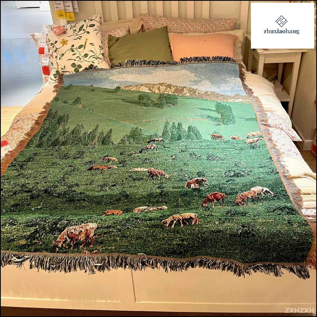 Вязаный плед с бахромой Ландшафтные пастбища 130x160 см эксклюзивный пляжный