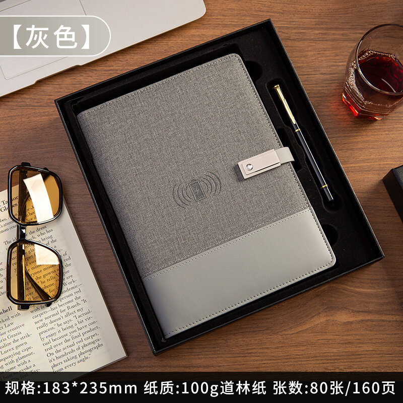 Беспроводной зарядный блокнот формата А5 для бизнеса и офиса, многофункциональный, с USB-накопителем и внешним аккумулятором, с возможностью персонализации.