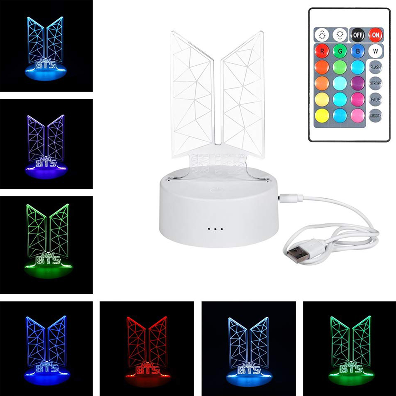 Kpop BTS Bangtan Boys 16 Colors LED Night Light с пультом дистанционного управления USB Акрил Декор для дома Комната Подарки для Army Размер 14x6cm/5.5x2.4inch В комплект входят: 1 подставка + 1 основа + 1 пульт дистанционного управления + 1 USB кабель