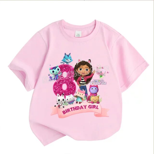 Футболка Gabby Dollhouse Kids из хлопка с рисунком аниме на день рождения, цифровой принт, летний повседневный свободный дышащий топ, милый подарок, Размер:130см