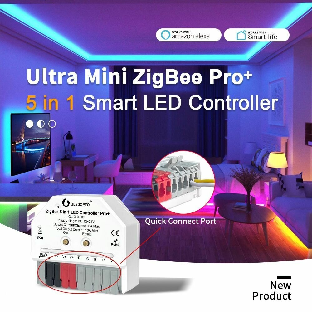 GLEDOPTO ZigBee 3.0 Pro + Ultra Mini 5 в 1 Контроллер светодиодной ленты DC12-24V RGB CCT WW CW Приложение Alexa Голосовое управление ZigBee 2 mqtt Conbee