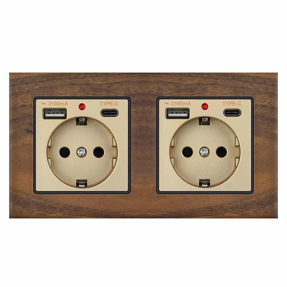 Розетка золотой с USB и Type-C портами, с заземлением, с рамой из цельного дерева 153мм*82мм