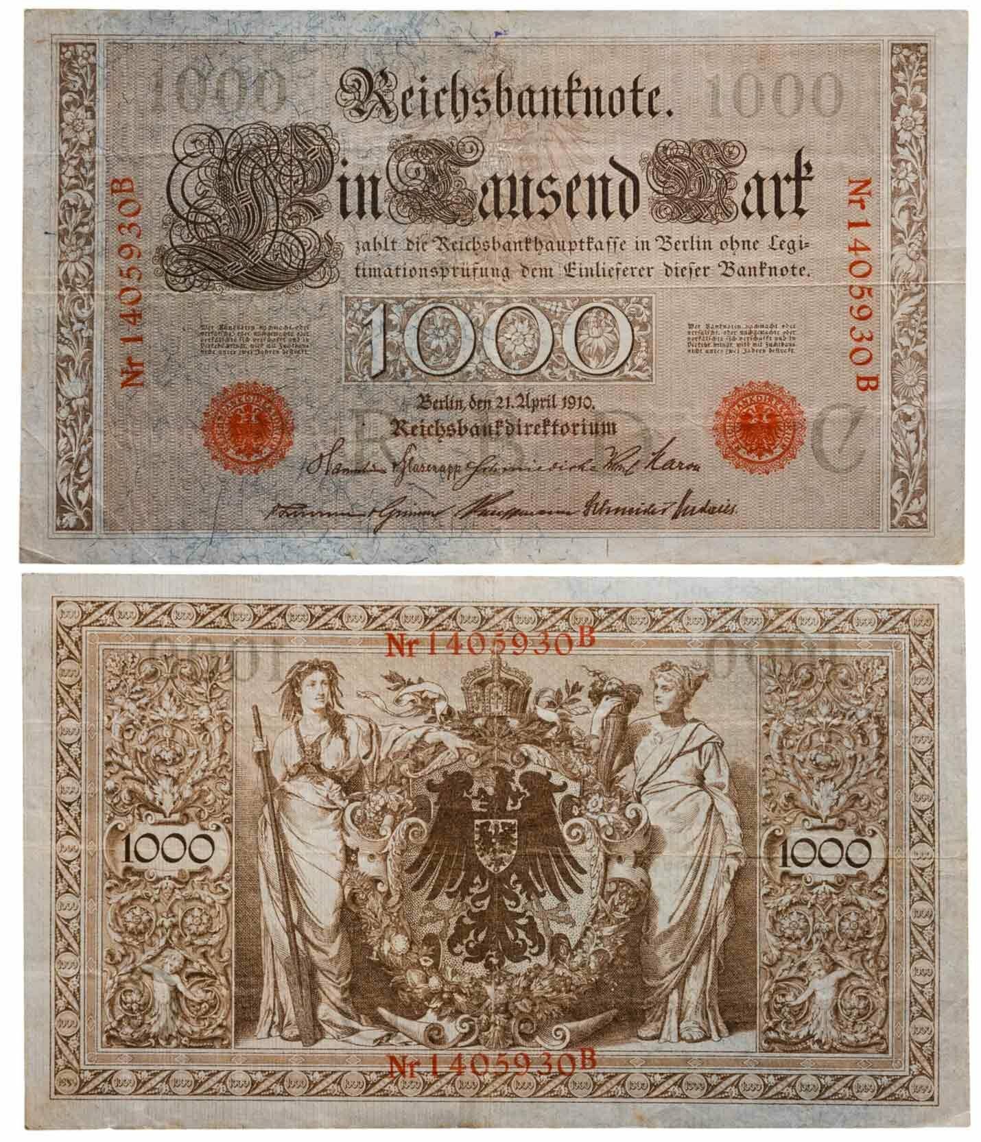 Германия 1000 марок 1910 красная печать
