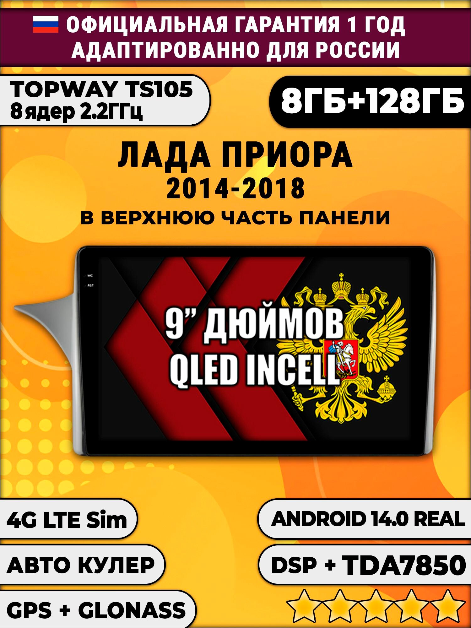 TS105, память 8/128гб для LADA PRIORA - лада приора (2014-2018), Android магнитола, рамка для установки сверху панели