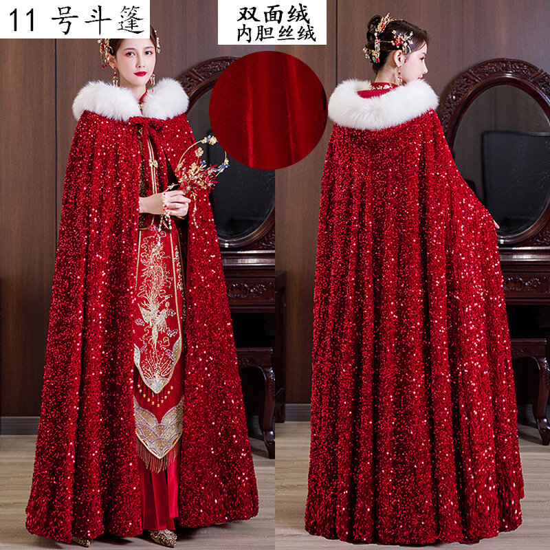 В наличии костюм Ханфу Сюхэ, утолщенный национальный стиль, красный китайский стиль, накидка с меховым воротником, свадебный шаль для невесты, зимний теплый