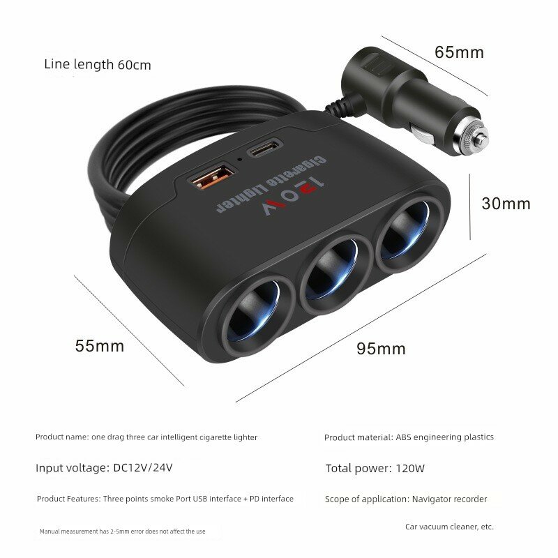 Автомобильный адаптер зарядки для 12В/24В, 3-портовый USB + PD быстрая зарядка, черный преобразователь прикуривателя