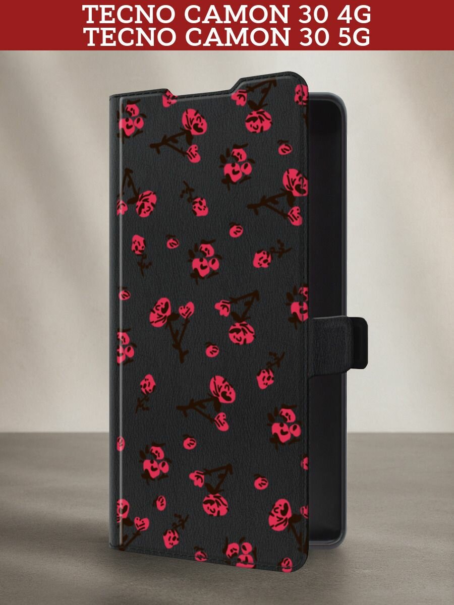 Чехол-книжка на Tecno Camon 30 4G/Tecno Camon 30 5G / Текно Камон 30 4G с принтом Паттерн красные розы, черный