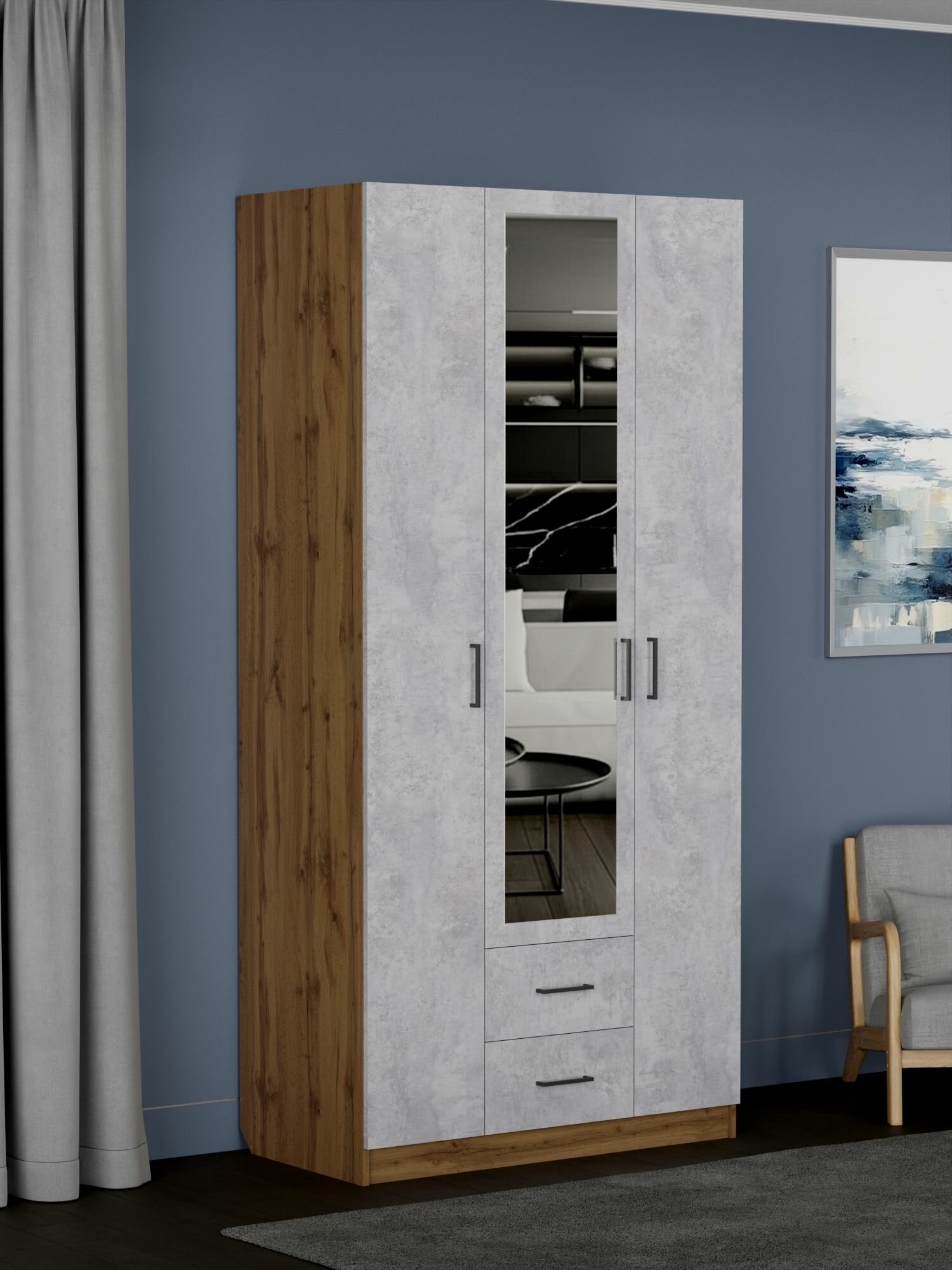 InHouse Шкаф распашной ШК-3/6 Вотан/Бетон 100х52х210, фасады ЛДСП с зеркалом