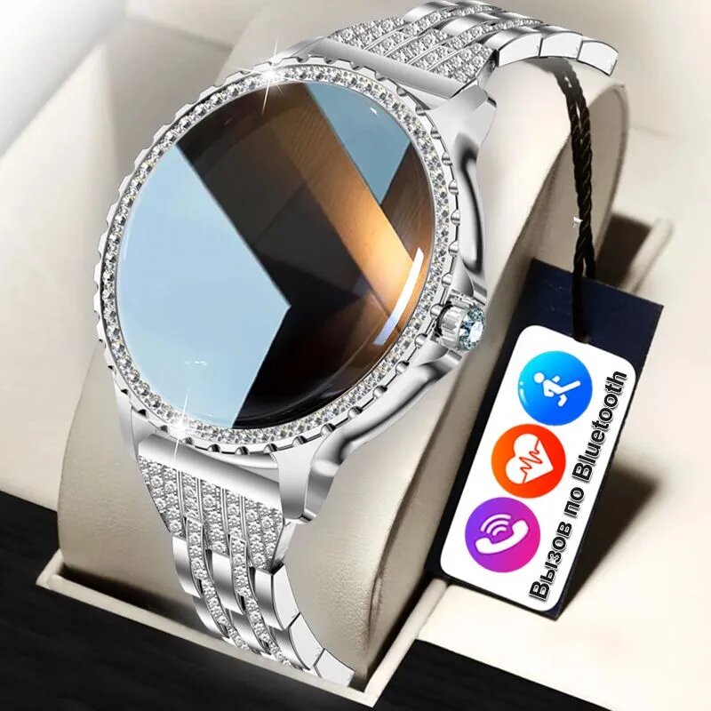 SACOSDING Смарт-часы Женские умные часы с бриллиантами smart watch Premium 2026 для IOS Android водонепроницаемые, Серебряная сталь+1 ремешок