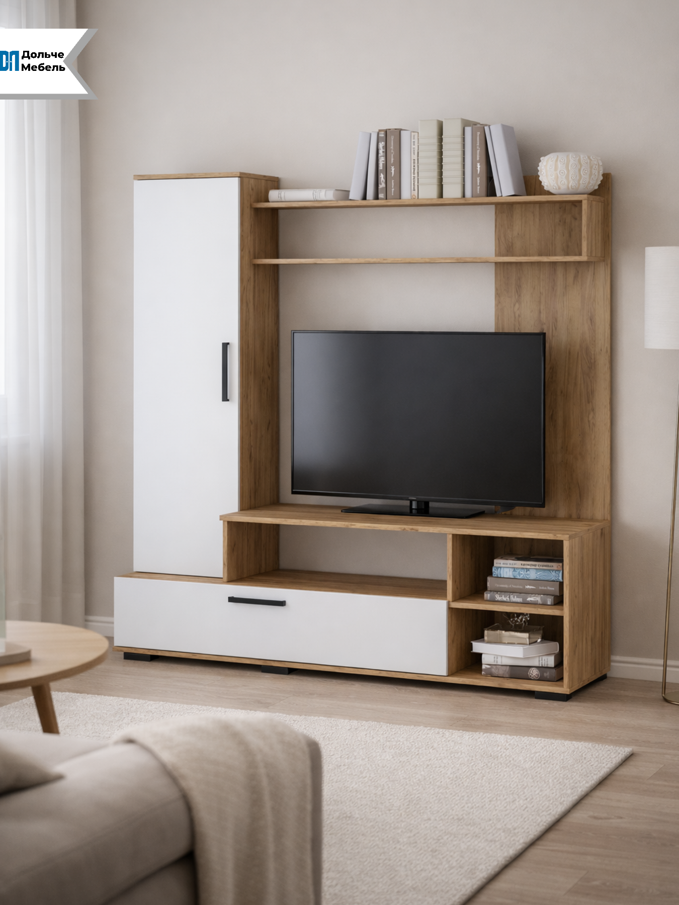 Стенка в гостиную БТС Мебель Евро 2, 150×152×44 см, современная мебель под ТВ с шкафом и полками, цвет крафт/белый