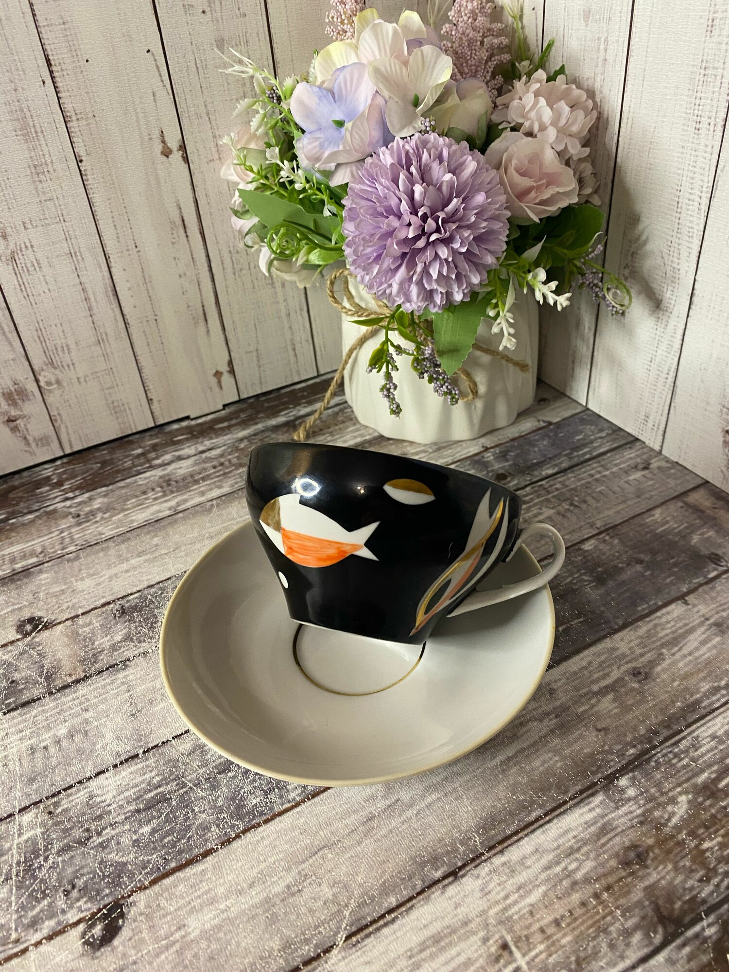 Чайная пара СССР Рыбка, Дулево, черная, фарфор, 180 мл