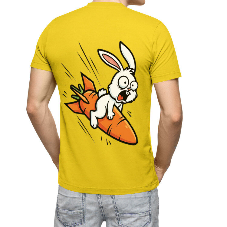 Мужская футболка «Panicked Cartoon Rabbit on Falling Carrot Rocket» (желтый, XL)