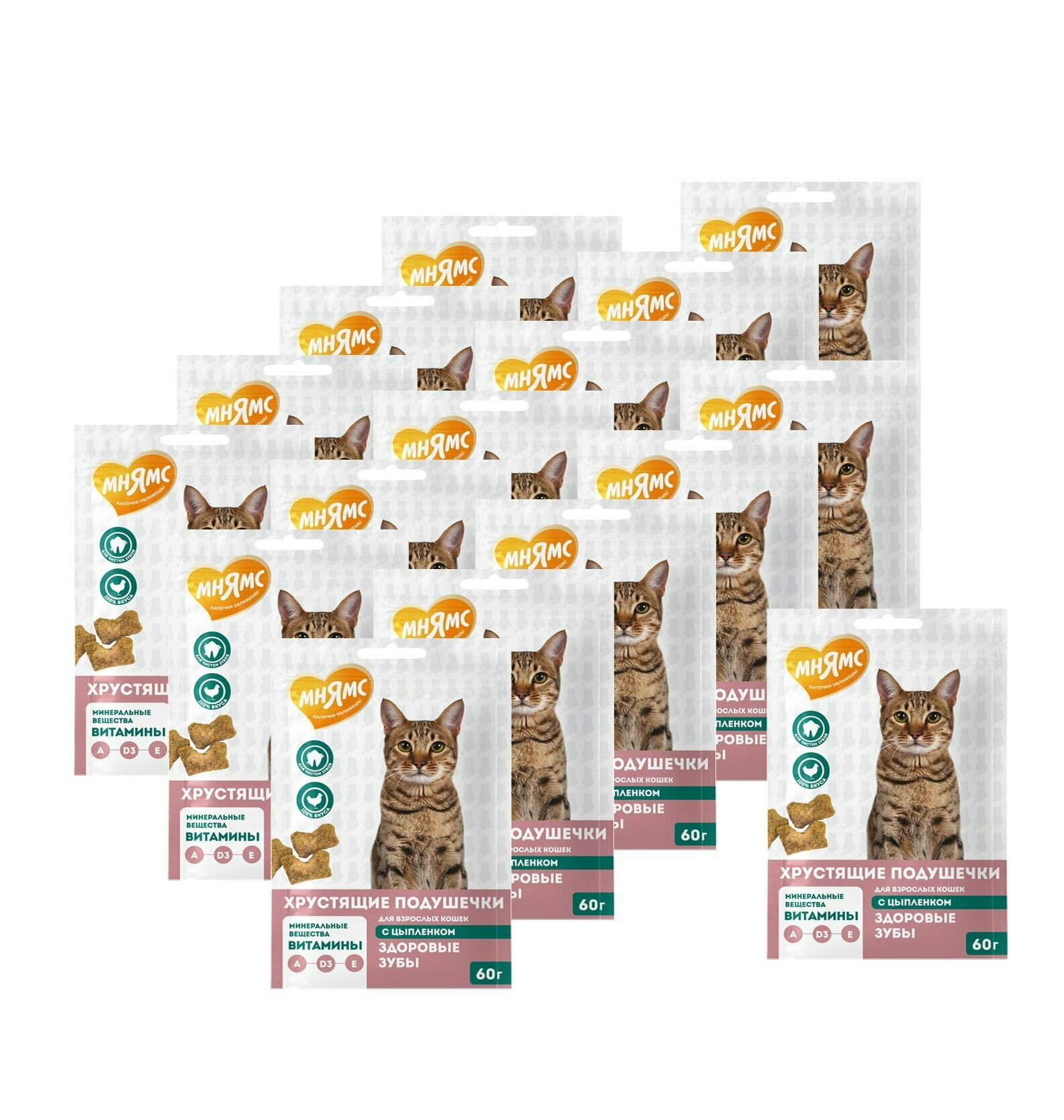 Лакомство Мнямс "Здоровые зубы" хрустящие подушечки для кошек с цыпленком 60 г. x 16 шт.
