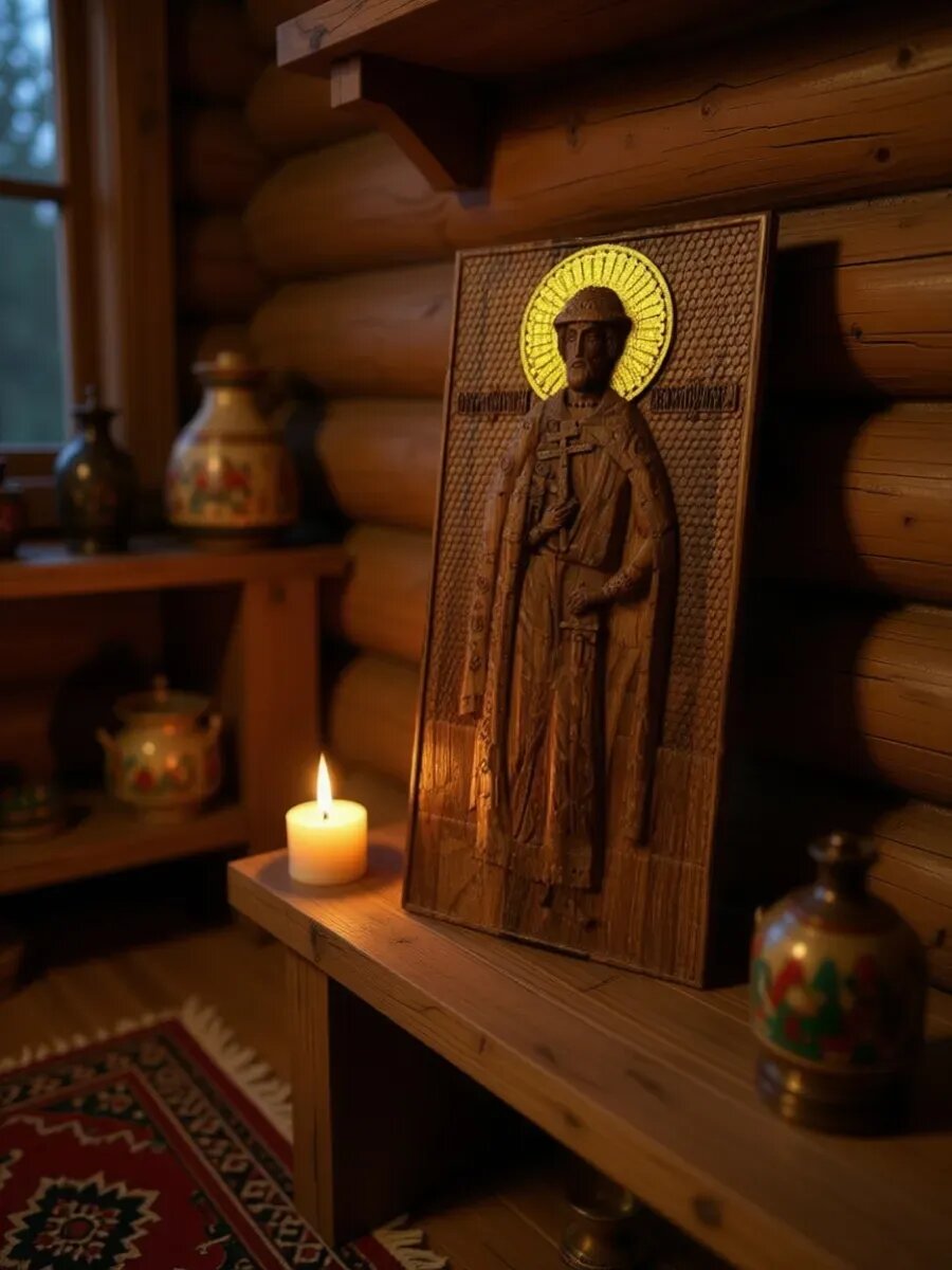 Освященная Икона Дмитрия Донского резная из дуба 31.5х14 см