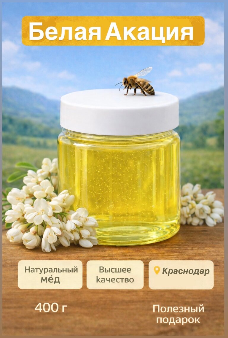 Майский мёд белой Акации 2025. Натуральный Краснодарский. Диабетическаий. 400грамм. Всегда жидкий.