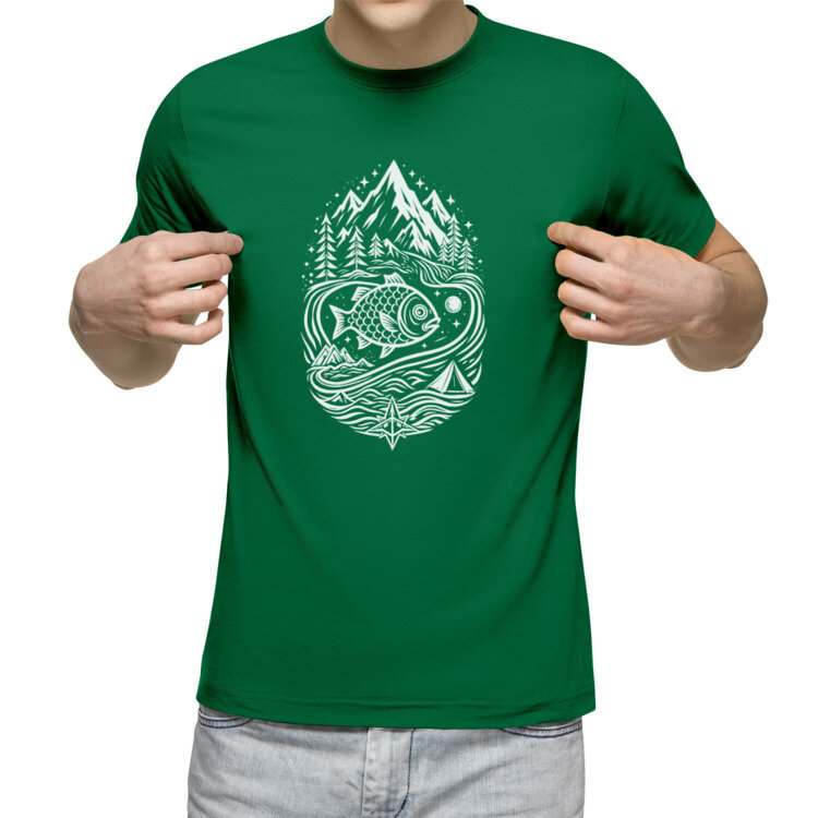 Мужская футболка «Рыба в походе у гор» (зеленый, S)
