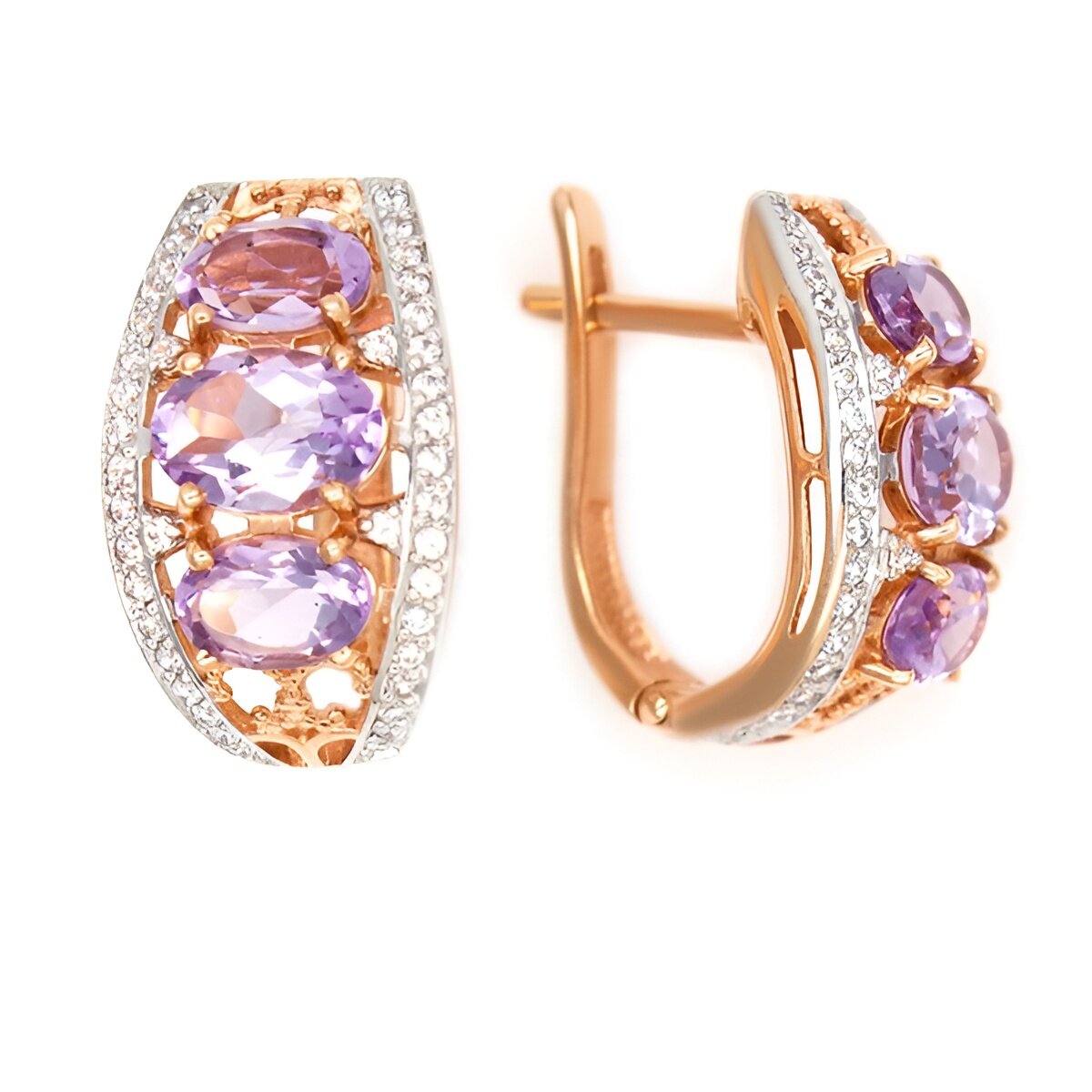 Серьги, красное золото, 585 проба, фианит, аметист
