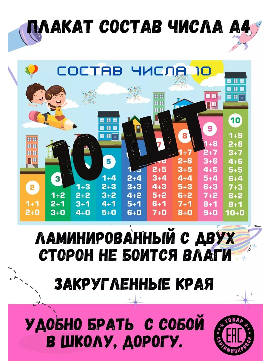 Плакат "Состав числа", 10 штук в комплекте, А4, ламинированный