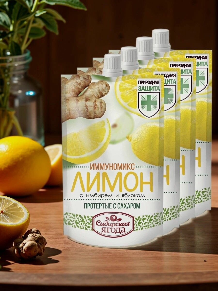 "Сибирская ягода" Лимоны с имбирем протертые с сахаром 250г. (Набор из 4шт)