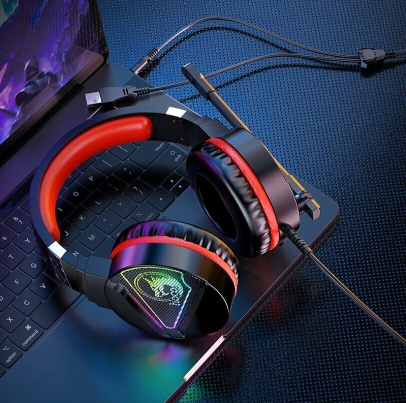 Игровые наушники с микрофоном HOCO W104 Drift Gaming, Проводные USB+Jack 3.5mm, 2 м, RGB Light, Черный+Красный