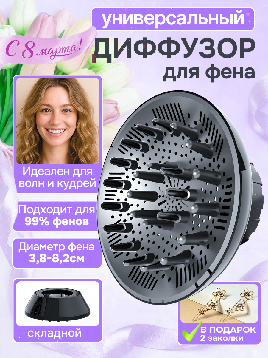 Диффузор, для фена, универсальный, черный, 1 насадка, диаметр от 38 до 82 мм