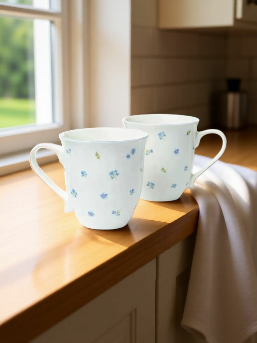 Набор Кружек Фарофорых. Подарочнык Чашки для чая, кофе, какао, супа. Стаканы для холодных и горячих напитков для 2 персоны, 2 предмет. Голубые Цветочки на Белом 420 мл.